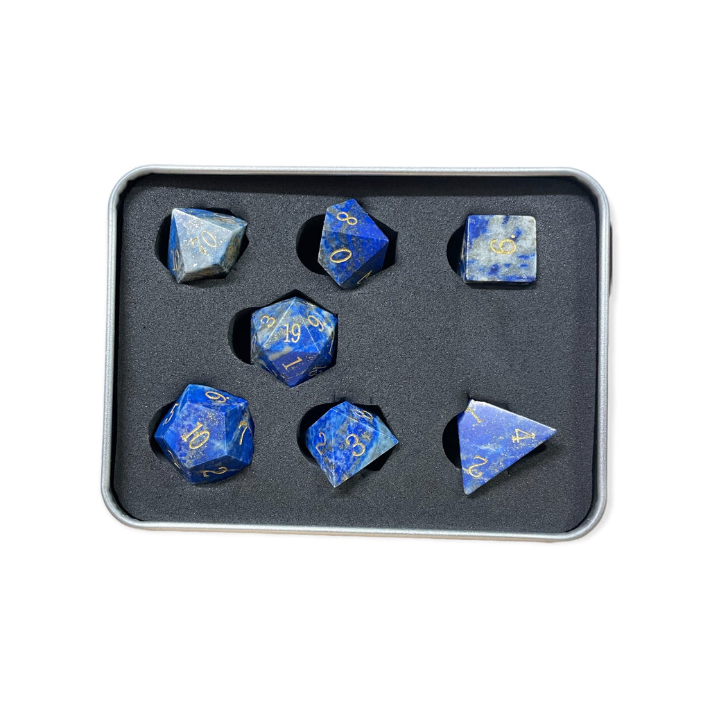 Blue Sandstone Set of 7 Gemstone Polyhedral Dice with Gold Numbers ...