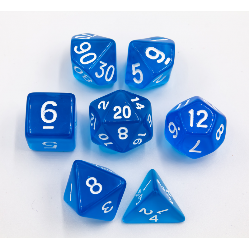 Blue Set of 7 Transparent Polyhedral Dice with White Numbers – Fair ...