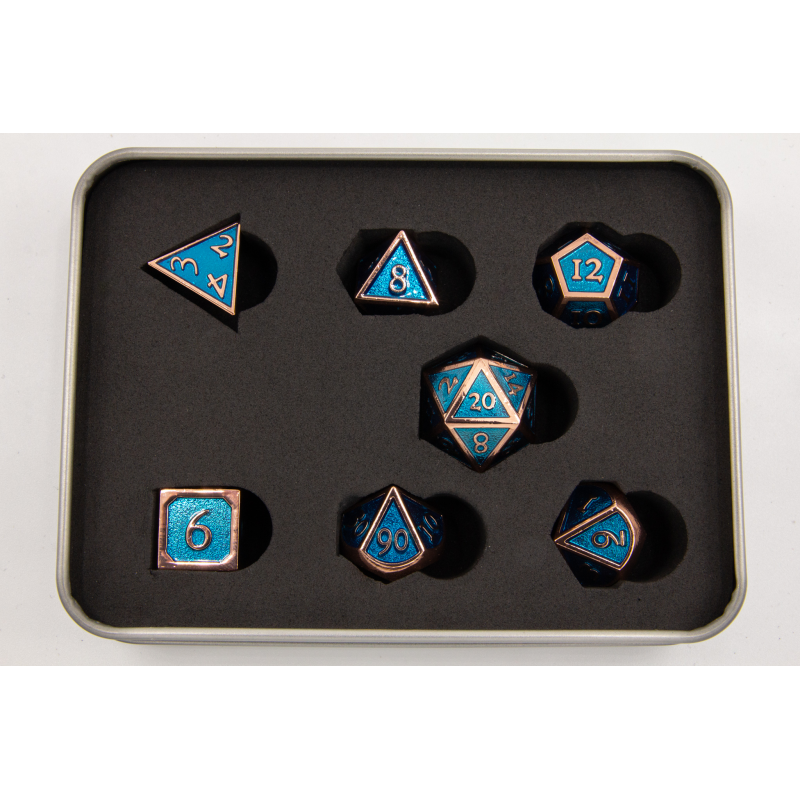 Light Blue Shadow Set of 7 Metal Polyhedral Dice with Copper Numbers ...